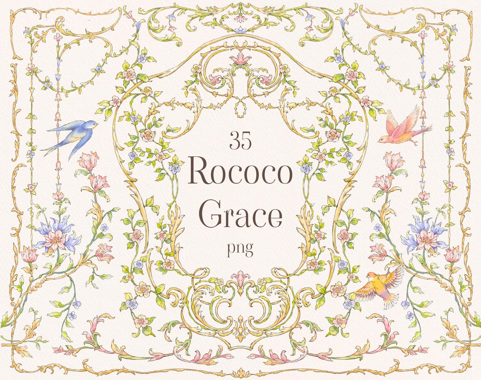 Rococo Grace PNG Watercolor Vintage Golden Borders, Floral Crest ...
