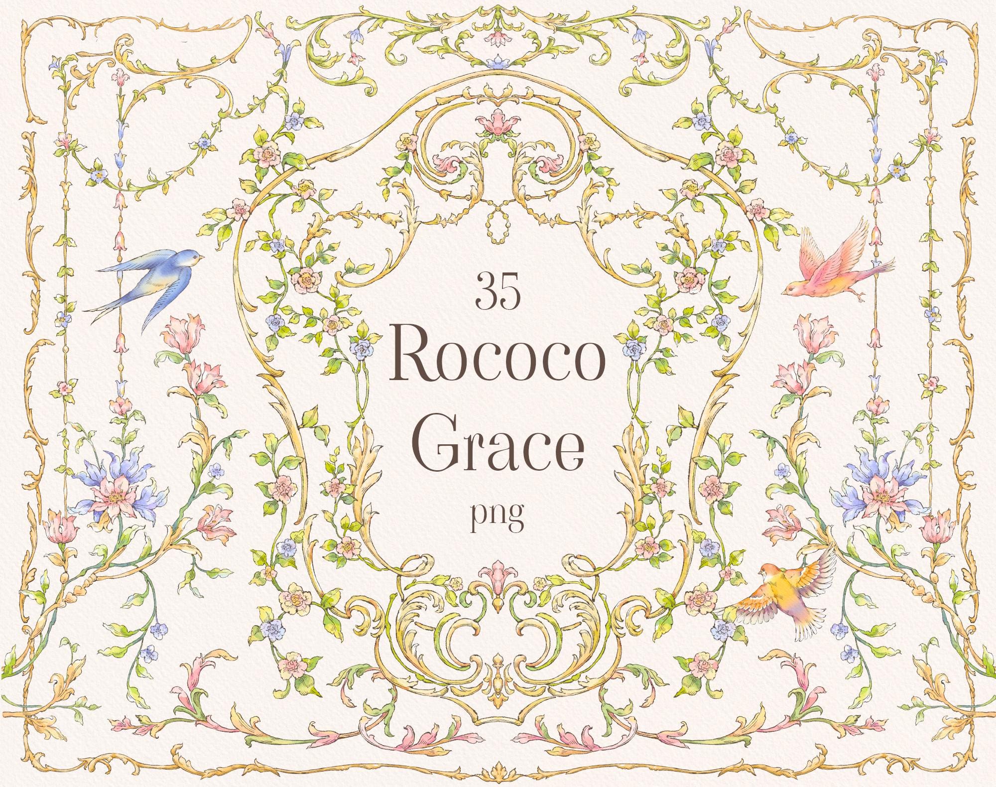 Rococo Grace PNG Watercolor Vintage Golden Borders, Floral Crest ...
