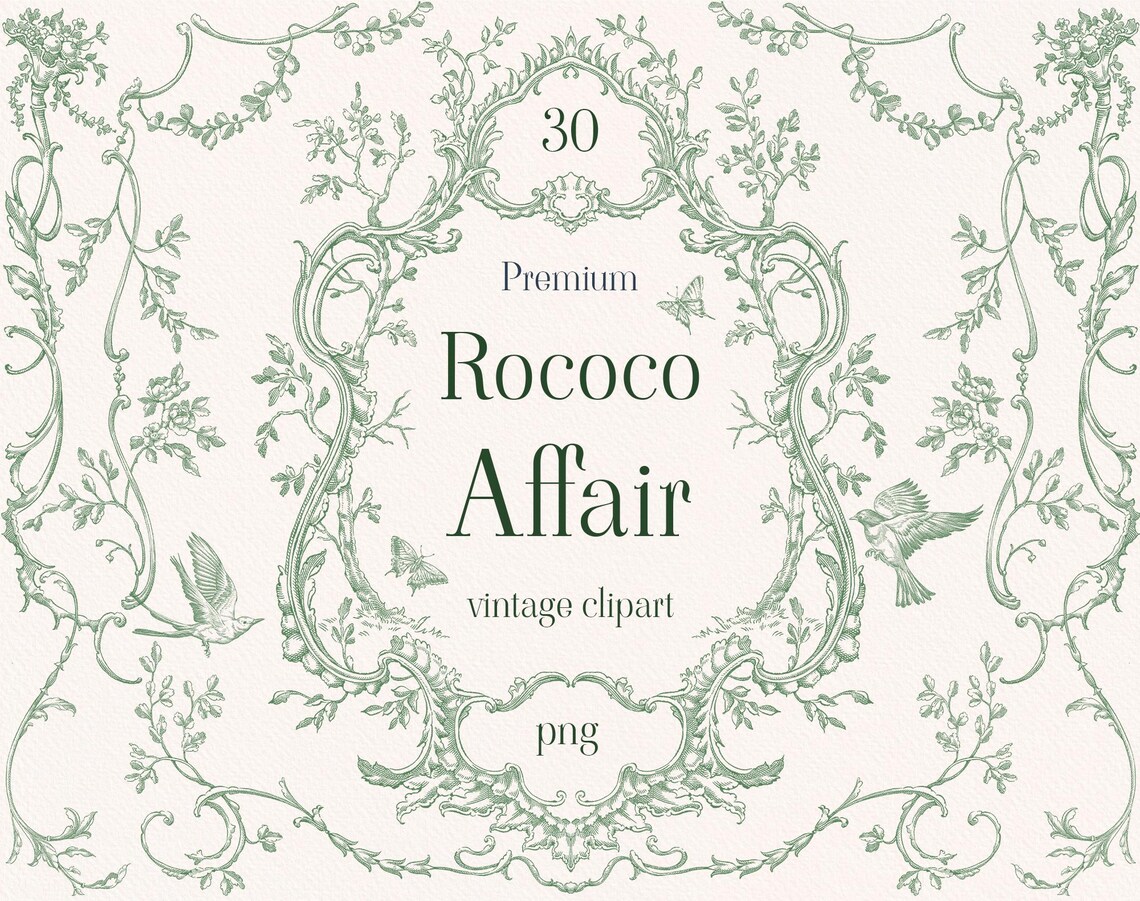 Rococo Vintage Border Clipart: Green Line Frames PNG, SVG, EPS, Floral ...