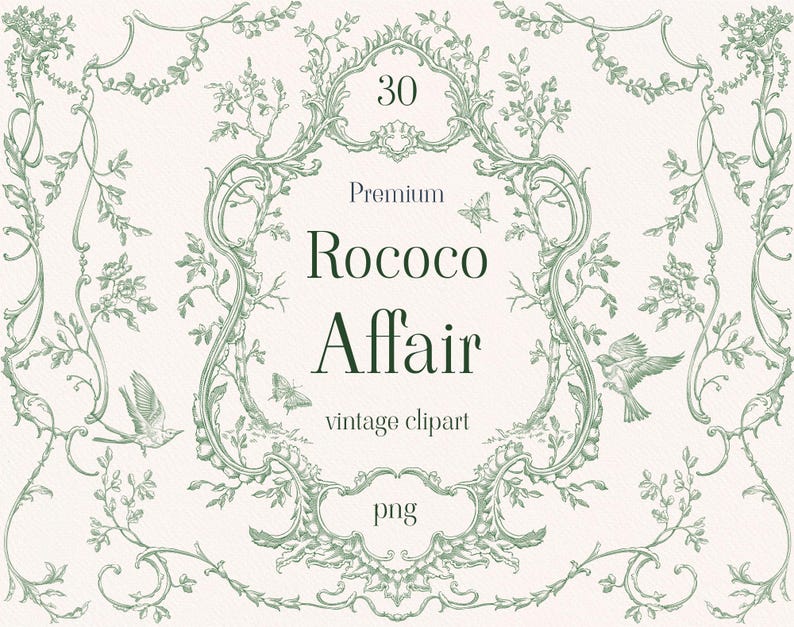 Rococo Vintage Border Clipart: Green Line Frames PNG, SVG, EPS, Floral ...