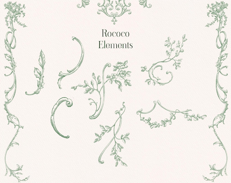 Rococo Vintage Border Clipart: Green Line Frames (PNG) Floral Borders ...