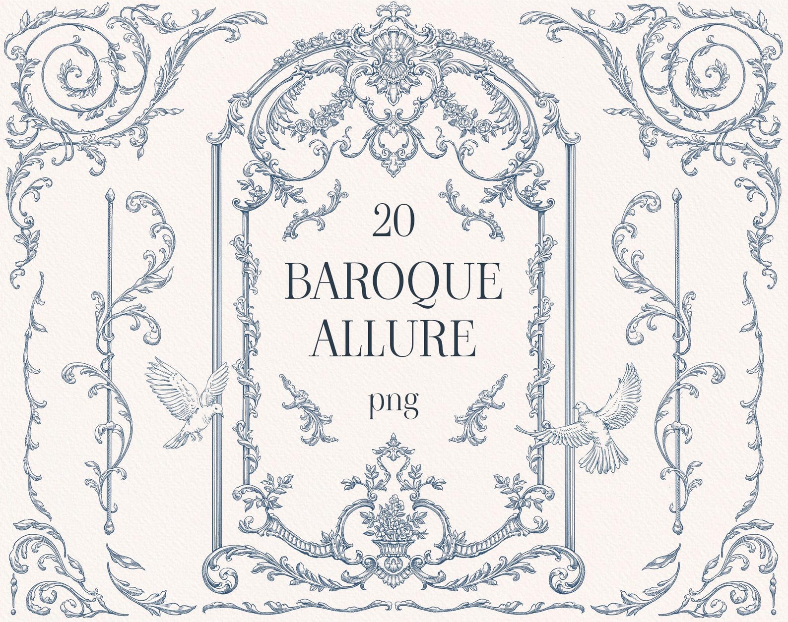 Baroque Allure PNG Line Art Wedding Frames, Chinoiserie Borders Bundle ...
