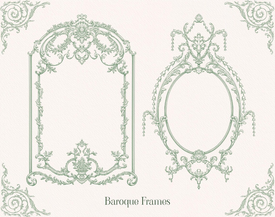Baroque Allure PNG Green Line Art Frames, Vintage Borders, Graphic Clip ...