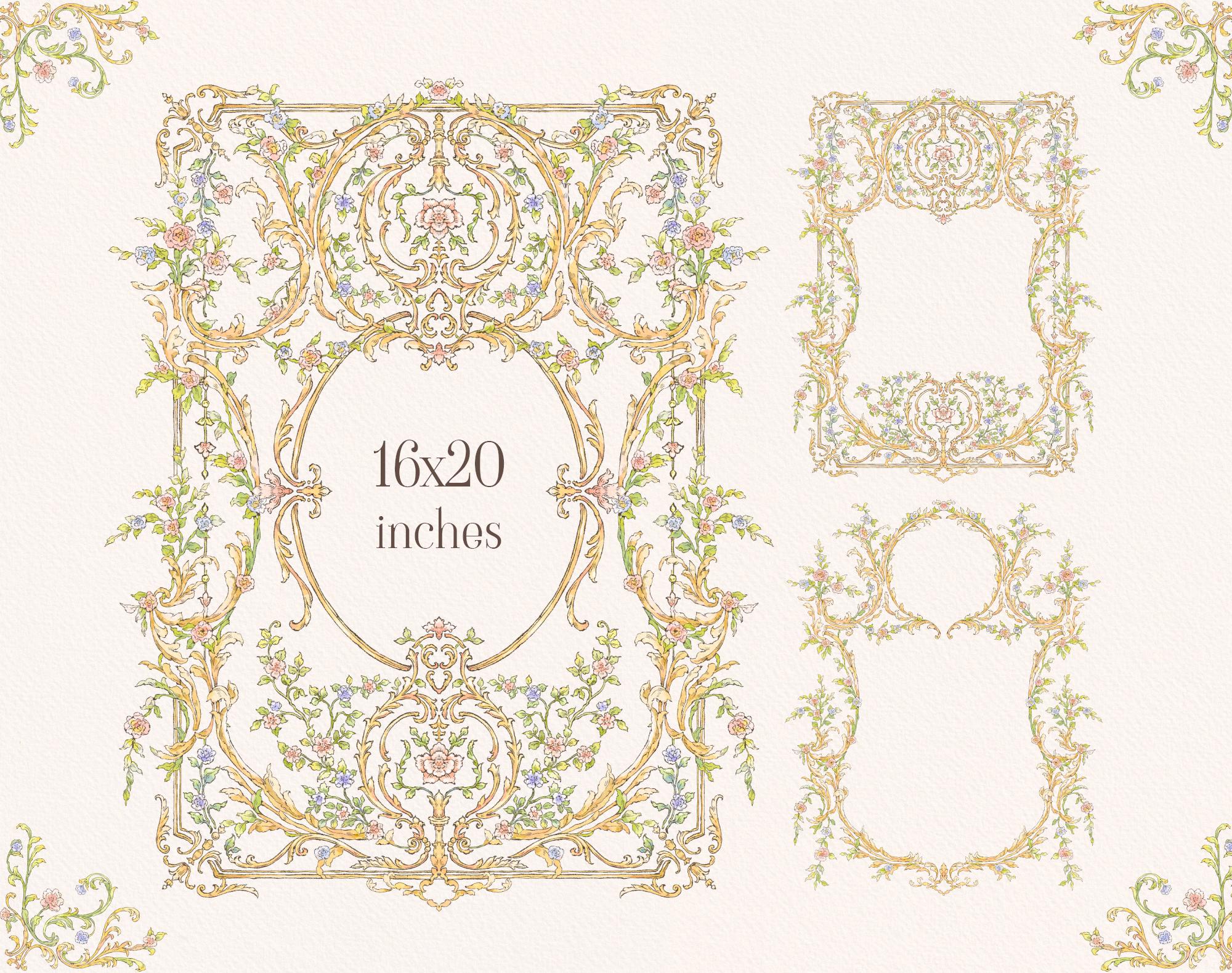 Rococo Grace PNG Watercolor Vintage Golden Borders, Floral Crest ...