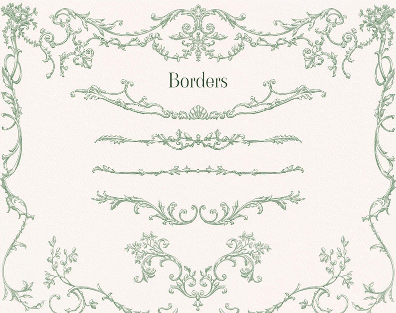 Rococo Vintage Border Clipart: Green Line Frames PNG, SVG, EPS, Floral ...