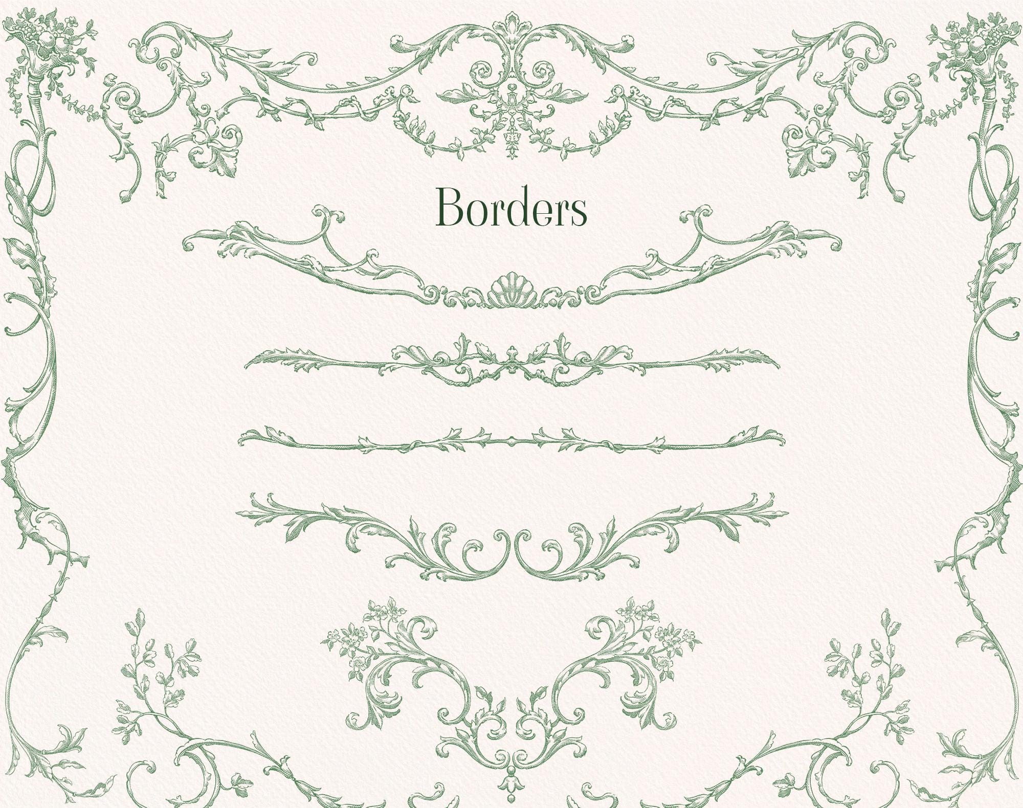 Rococo Vintage Border Clipart: Green Line Frames (PNG) Floral Borders ...