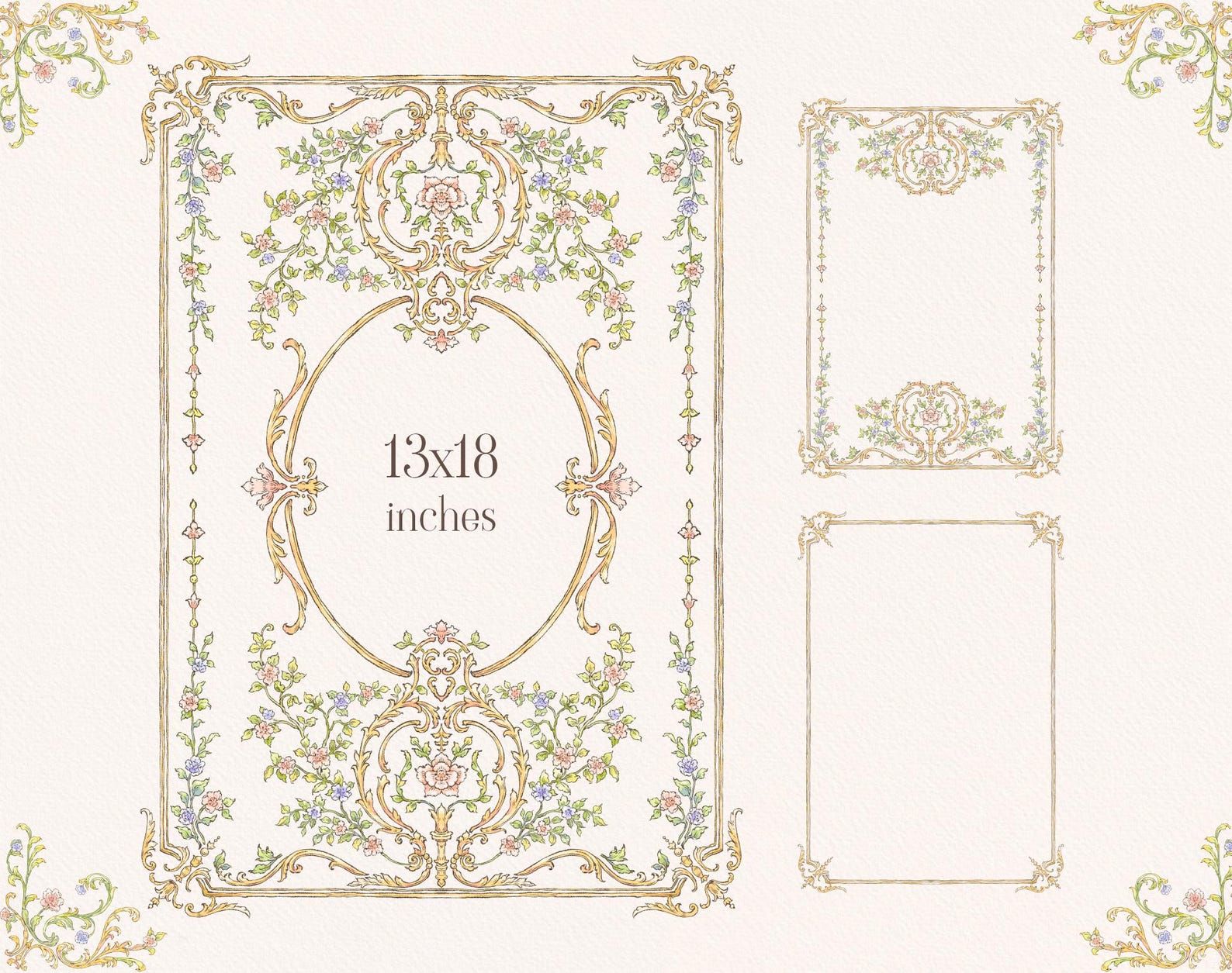Rococo Grace PNG Watercolor Vintage Golden Borders, Floral Crest ...