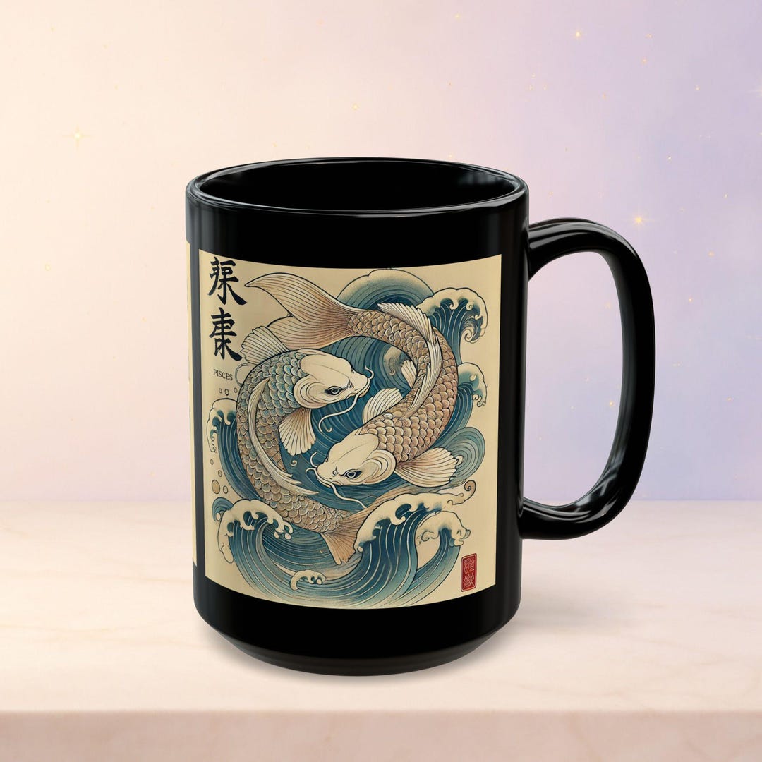 Artistic Pisces Zodiac Mug With Koi Fish | Elegant Black Coffee Cup for ...