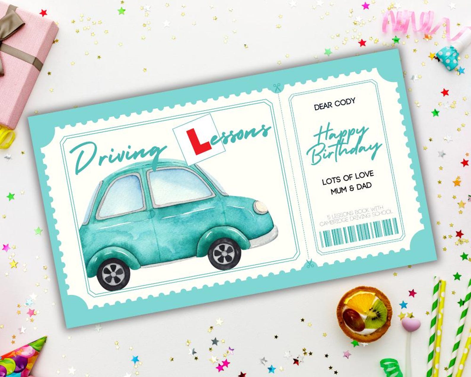 Editable Driving Lesson Voucher | Personalised Aqua Blue Learner Driver ...