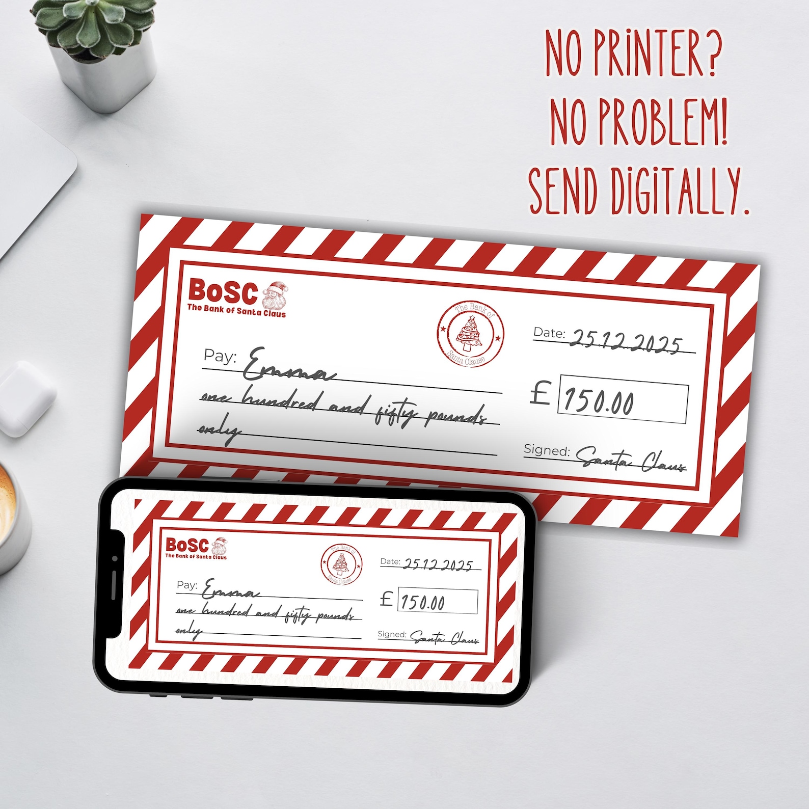 Printable Cheque From Santa Template, Digital Christmas Money Gift ...