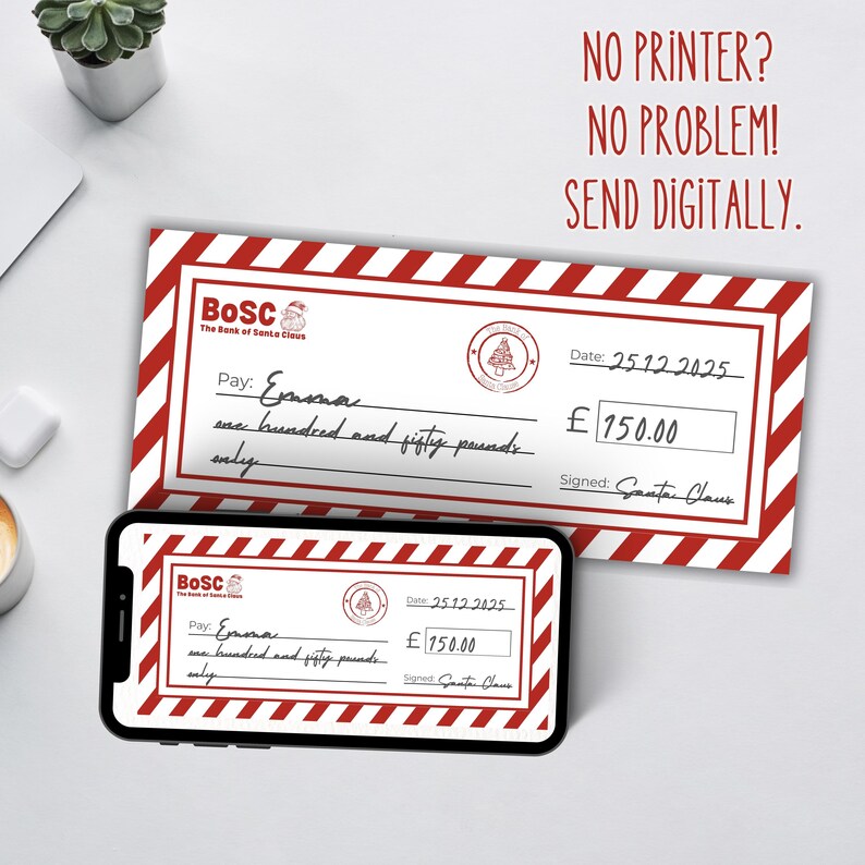 Printable Cheque From Santa Template, Digital Christmas Money Gift ...