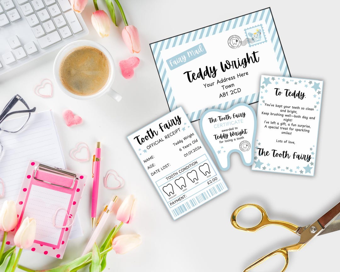 Instantly Editable Tooth Fairy Letter Set, Printable Blue Mini Lost Tooth Envelope, Receipt ...