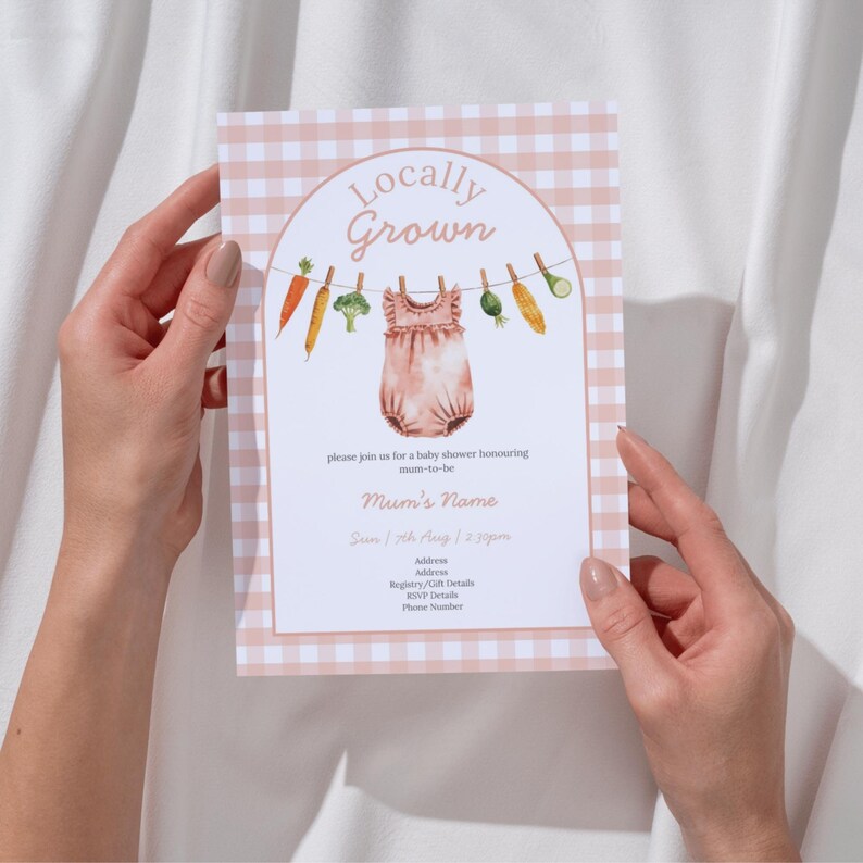 Editable Pink, Girl Locally Grown Baby Shower Invitation Template ...