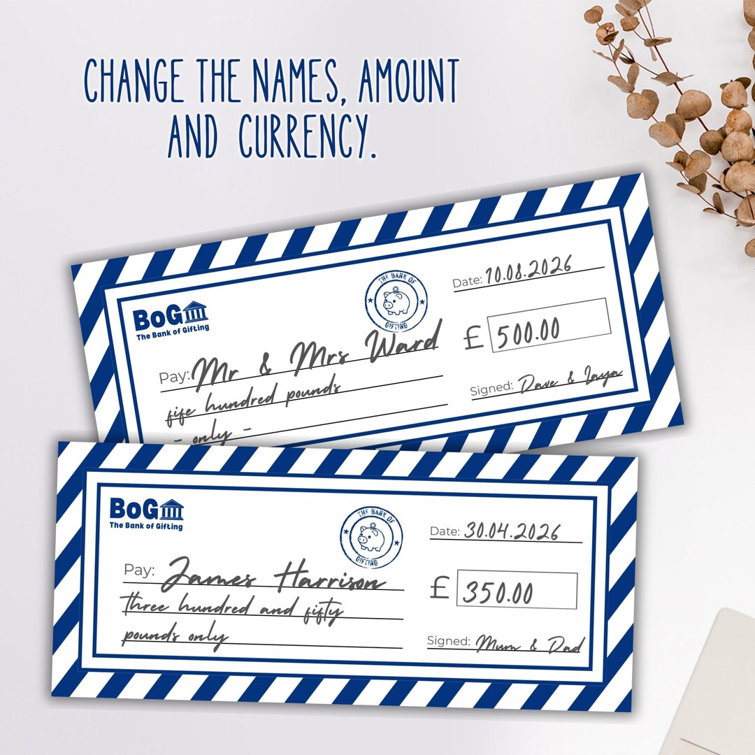 Personalised Navy Blue Printable Bank Cheque Template, Digital ...