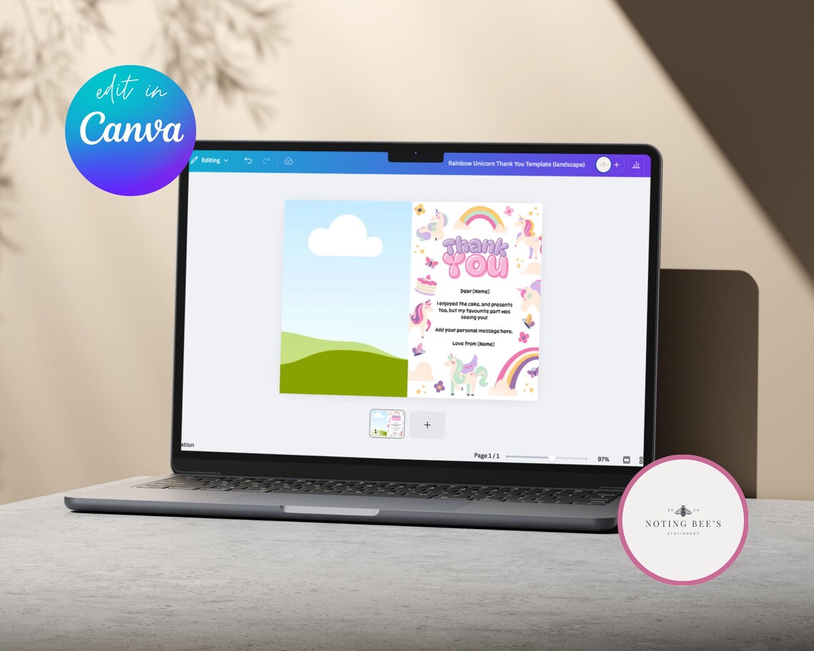 Editable Rainbow Unicorn Children's Photo Thank You Card, Digital ...