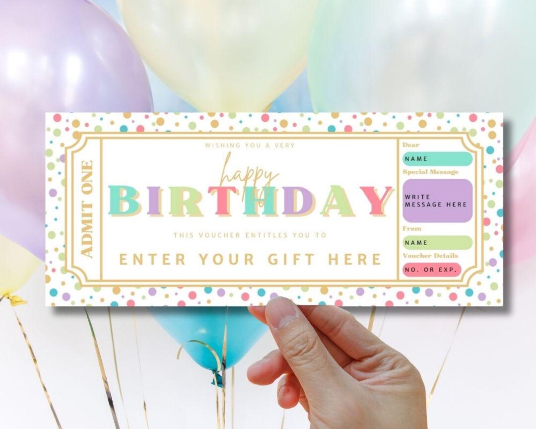Rainbow Birthday Gift Card Voucher Template, Editable Coupon Template ...