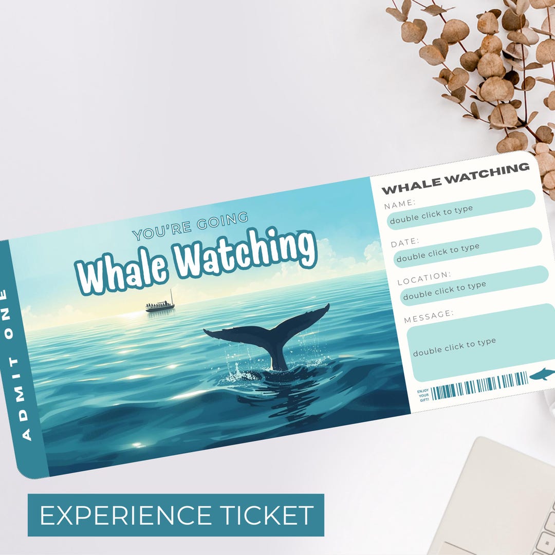 Printable Whale Watching, Boat Ride Experience Surprise Ticket. Digital ...