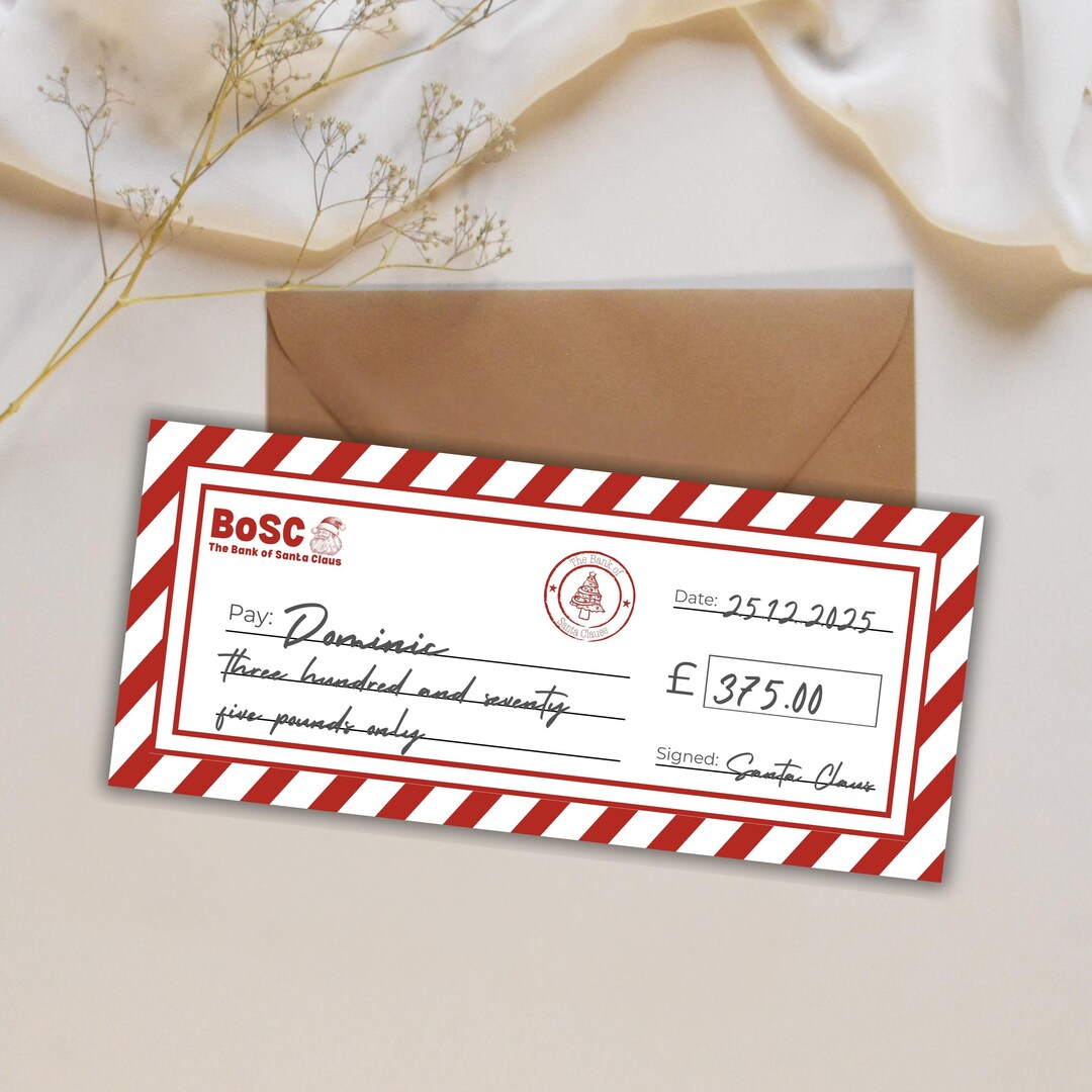 Printable Cheque From Santa Template, Digital Christmas Money Gift ...