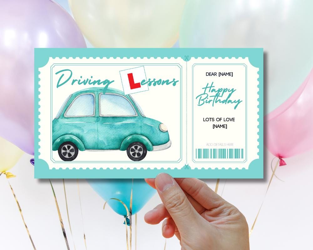 Editable Driving Lesson Voucher | Personalised Aqua Blue Learner Driver ...