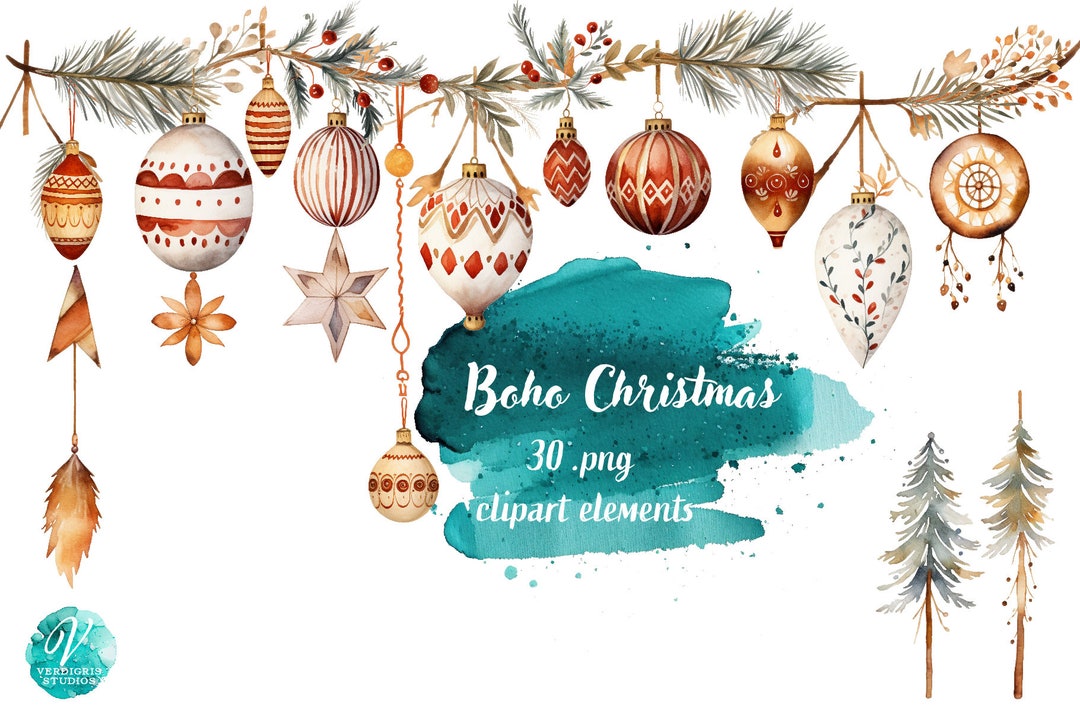 Watercolor Boho Christmas Decorations - Digital Clipart Illustrations ...