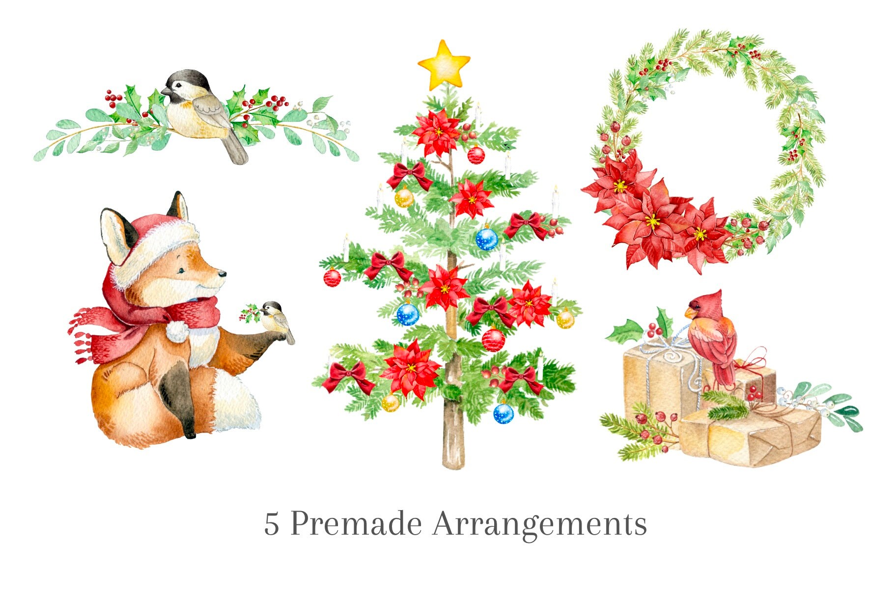 Watercolor Christmas Graphics Animals Digital Clipart - Etsy