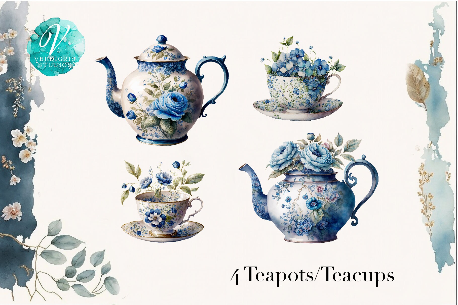 Digital Watercolor Blue Tea Party Clipart Elements, Instant Download ...