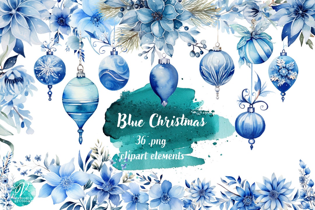 Watercolor Blue Christmas Decorations - Digital Clipart Illustrations ...