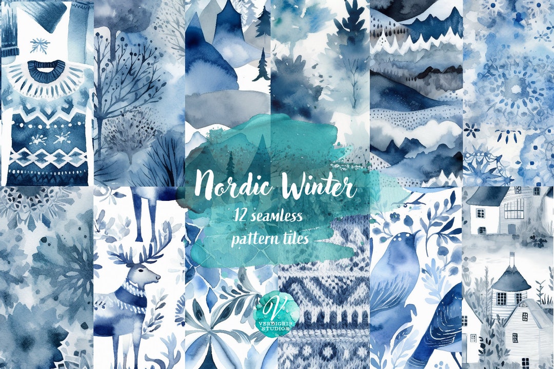 Digital Paper - Nordic Winter, Rustic Scandinavian Watercolor 12x12 ...