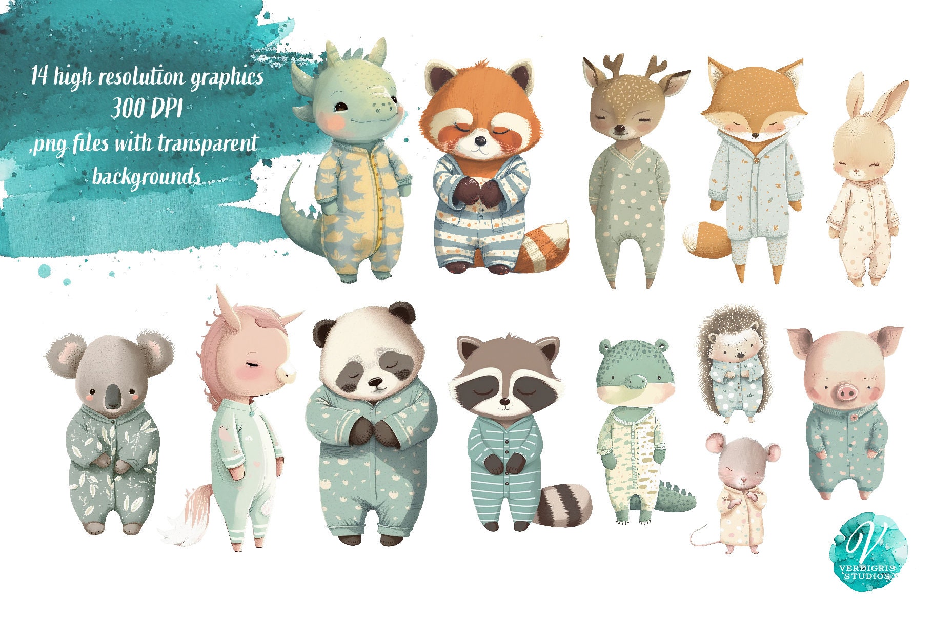 Sleepy Time, Animals in Pajamas Clipart Illustrations- Digital Download ...
