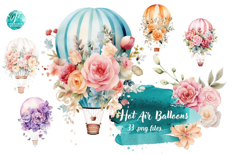 Watercolor Floral Hot Air Balloons - Digital Clipart Illustrations ...