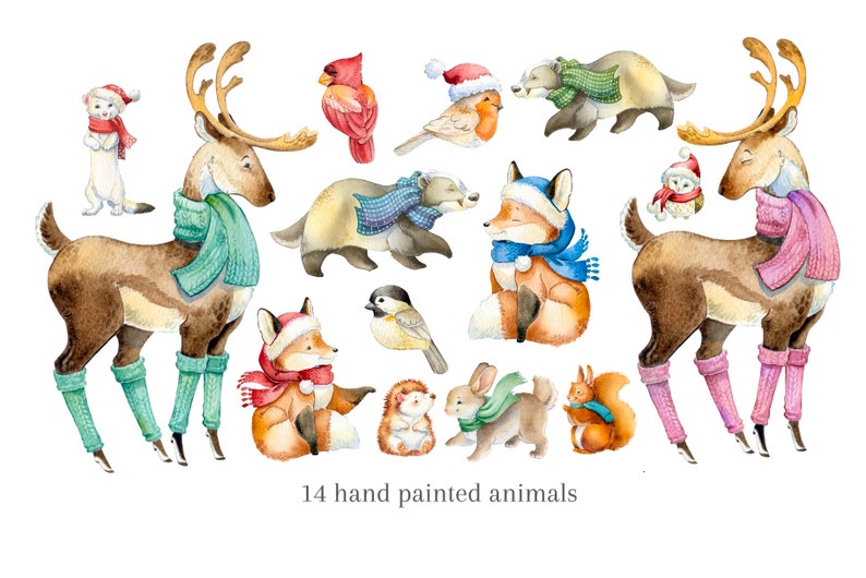 Watercolor Christmas Graphics Animals Digital Clipart - Etsy