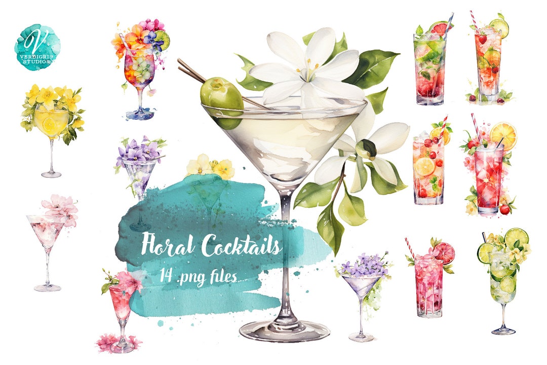 Watercolor Floral Cocktails - Digital Clipart Illustrations Instant ...