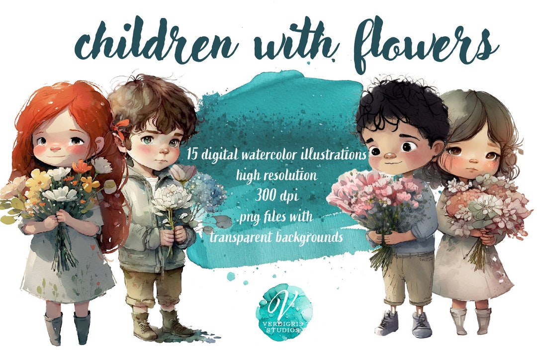 Digital Watercolor 15 Children Holding Flowers Clipart: Instant ...