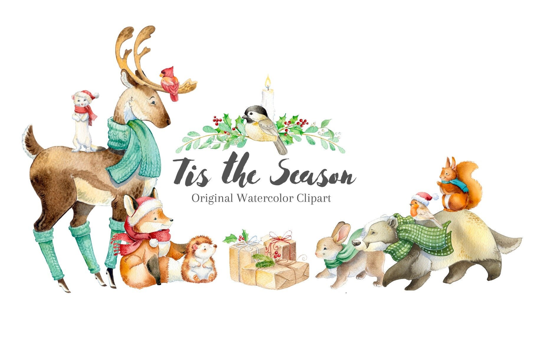Watercolor Christmas Graphics Animals Digital Clipart - Etsy