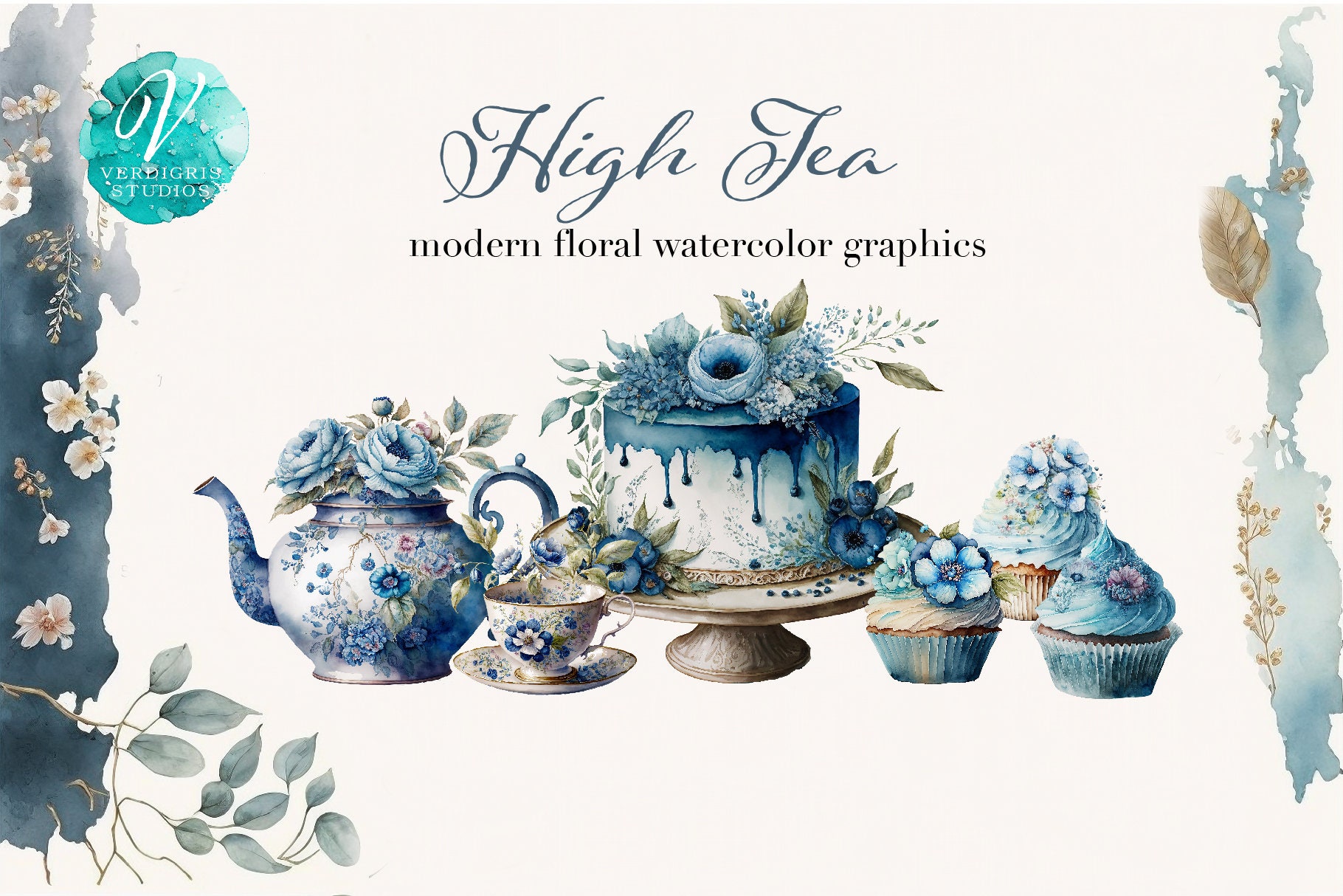 Digital Watercolor Blue Tea Party Clipart Elements, Instant Download ...
