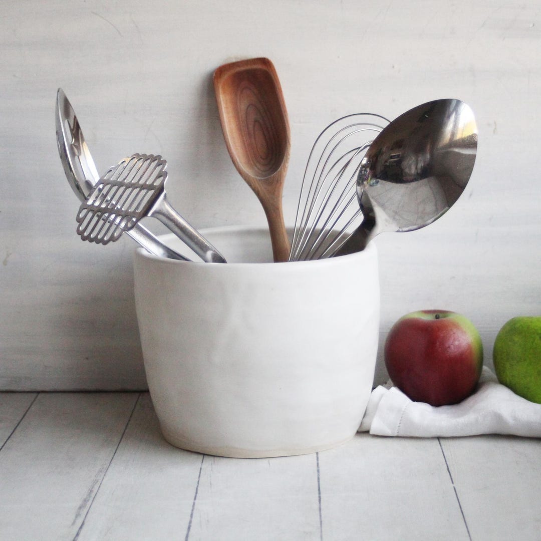 Rustic Matte White Pottery Utensil Holder: Extra Large Kitchen ...