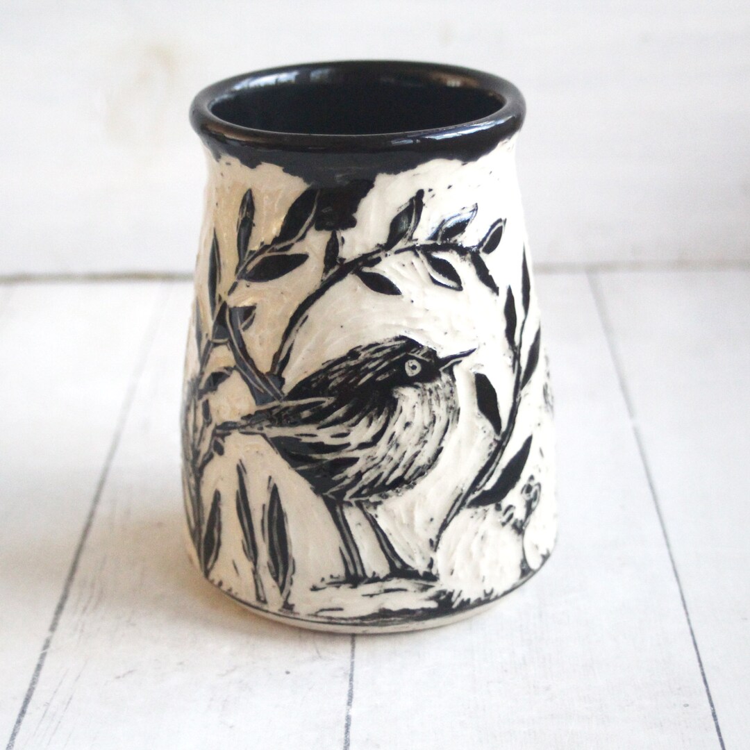 Black and White Carved Chickadee and Wren Bird Vase, Sgraffito Art ...