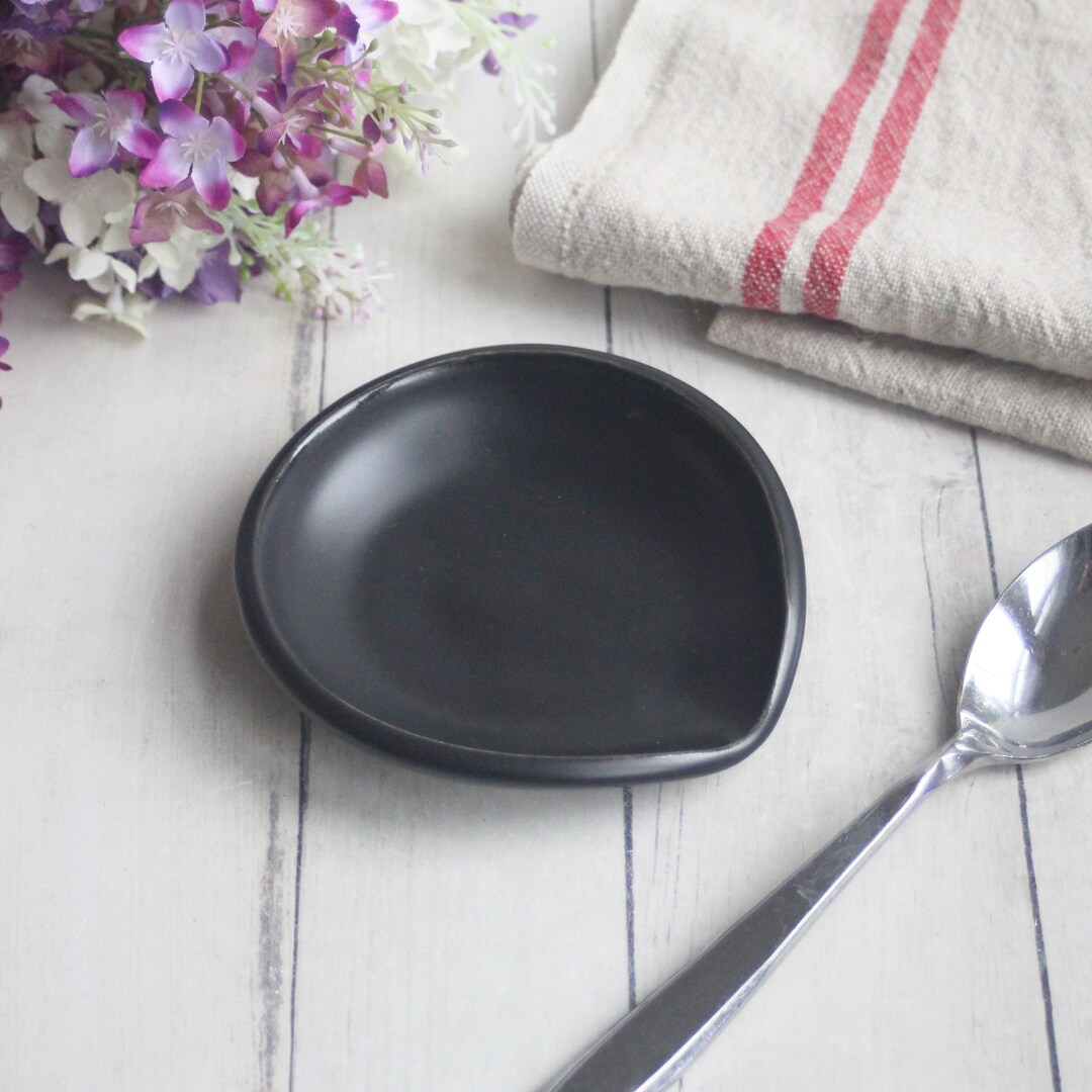 Medium Sized Handmade Pottery Spoon Rest: Satin Black Glaze, Kitchen ...