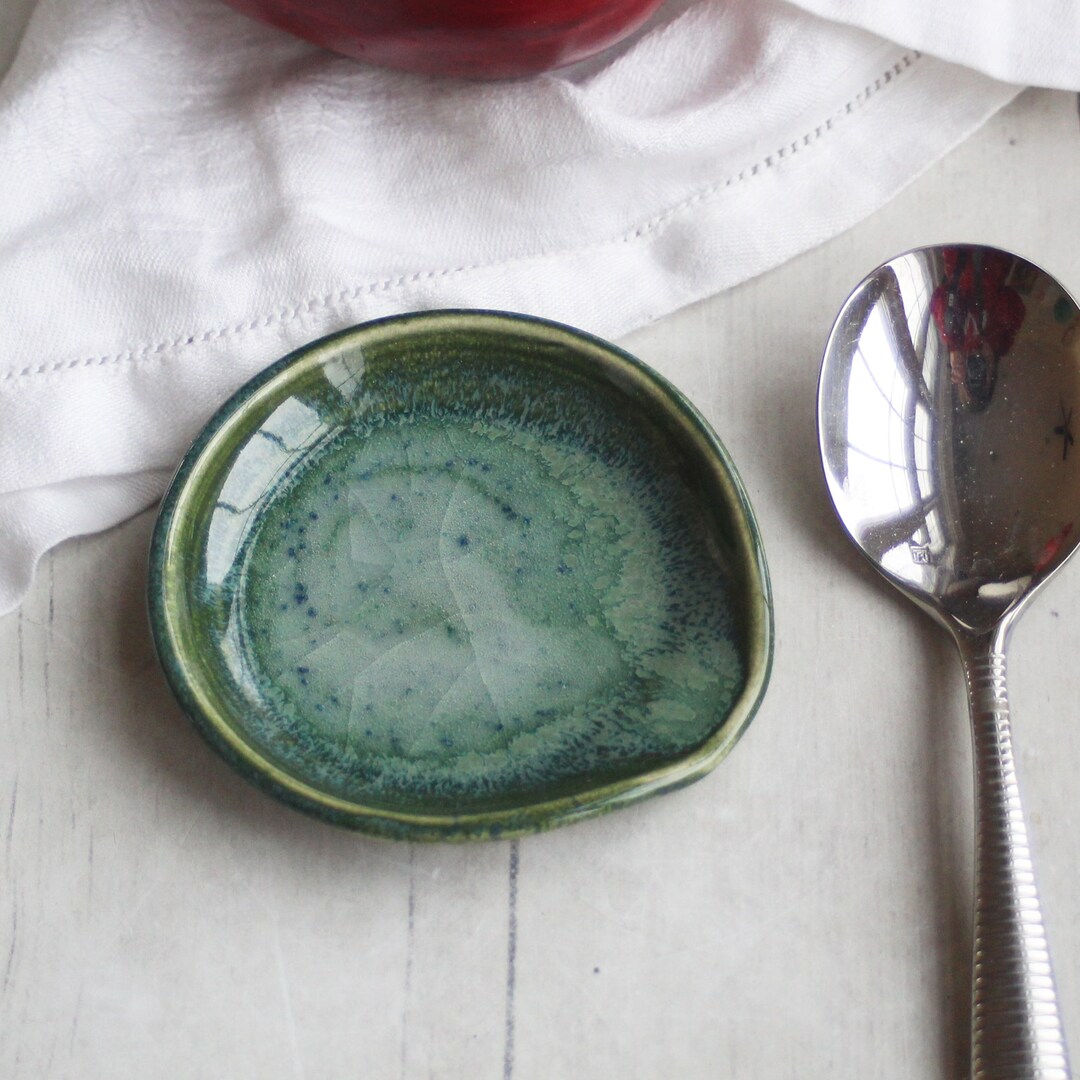 Small Sized Spoon Rest in Crackle Moss Green Glaze, Rustic Pottery ...