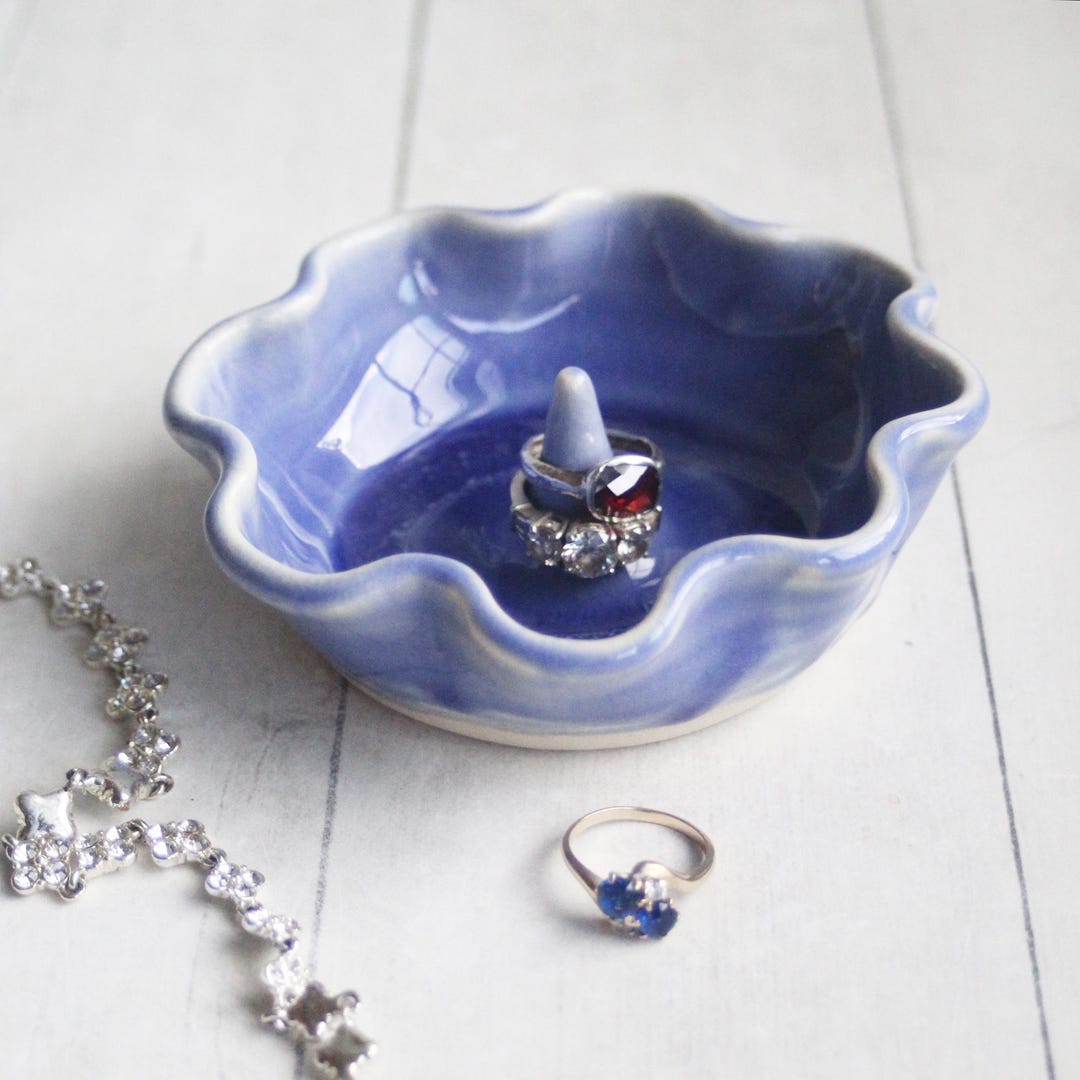 Ring Holder - Ring Catcher in Deep Periwinkle Blue Glaze With Ruffled ...