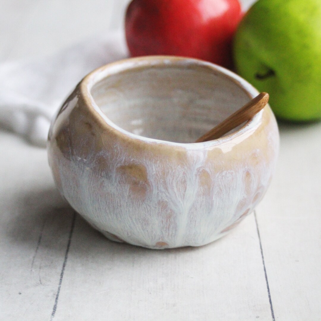 Ceramic Salt Cellar in Rustic White and Dripping Ocher Glaze, Handmade ...