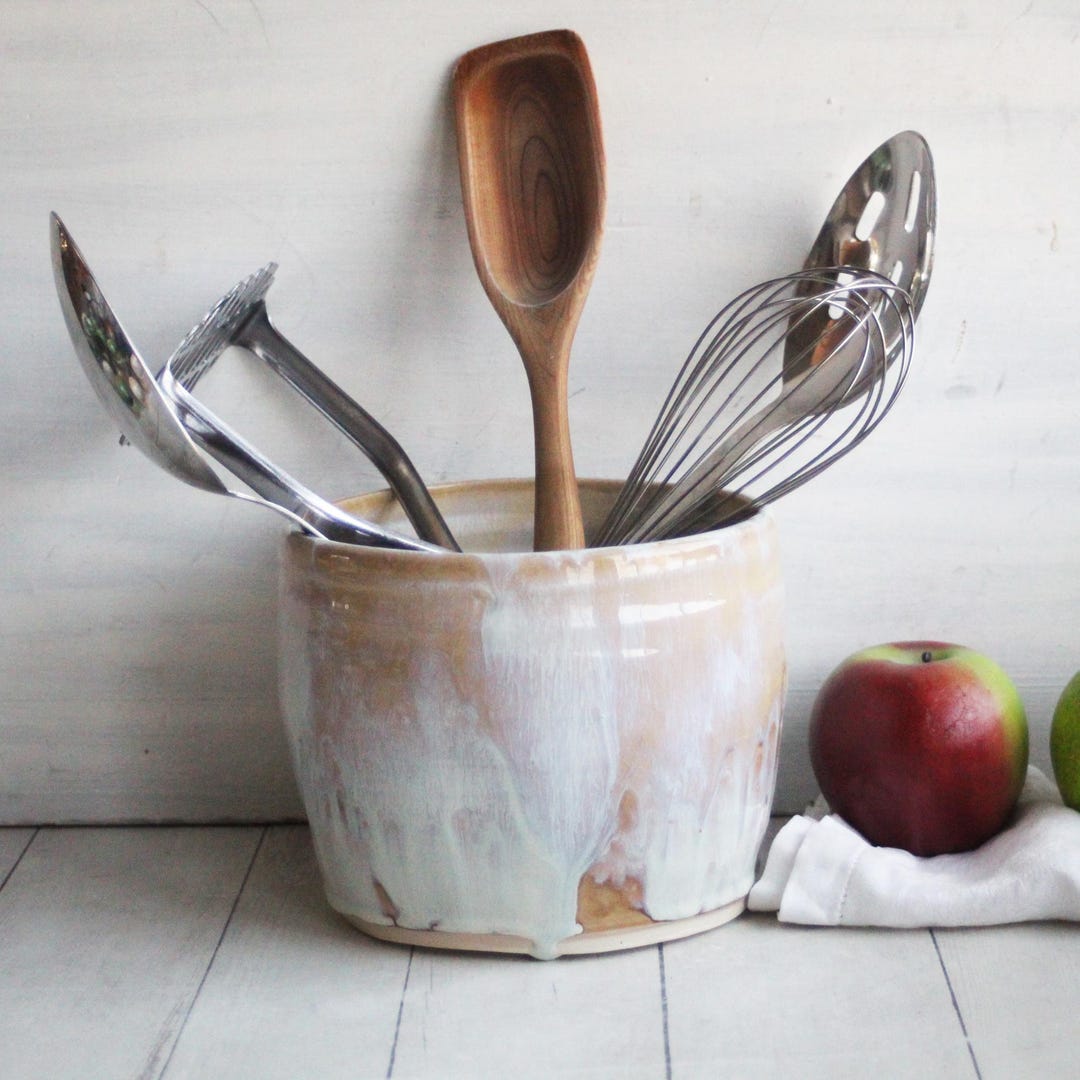 Rustic Utensil Holder, Neutral Beige and Creamy White Kitchen Organizer ...