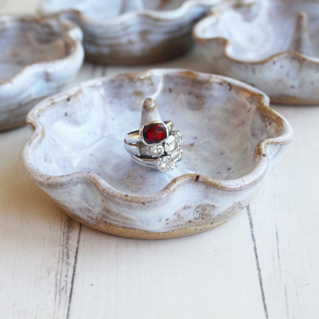 Rustic Wedding Ring Holder, Icy Blue Speckled Handmade Ceramic Jewelry ...
