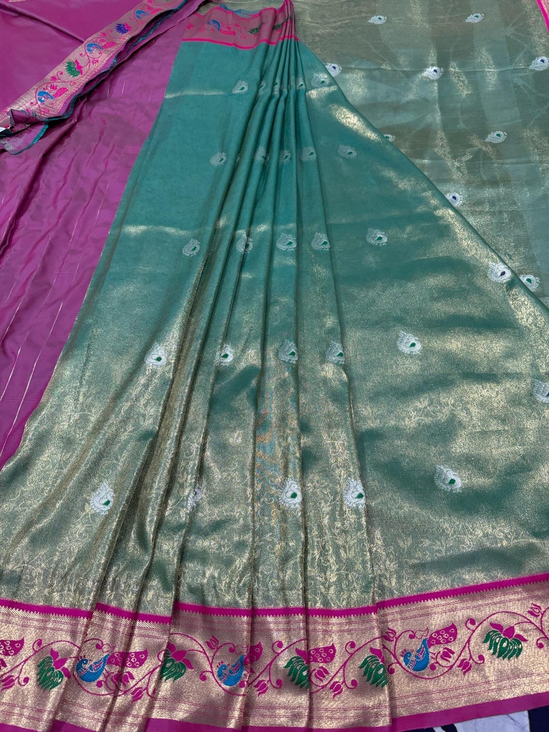 Green & Pink Paithani Tissue Saree – Luxurious Weave, Royal Charm - Etsy