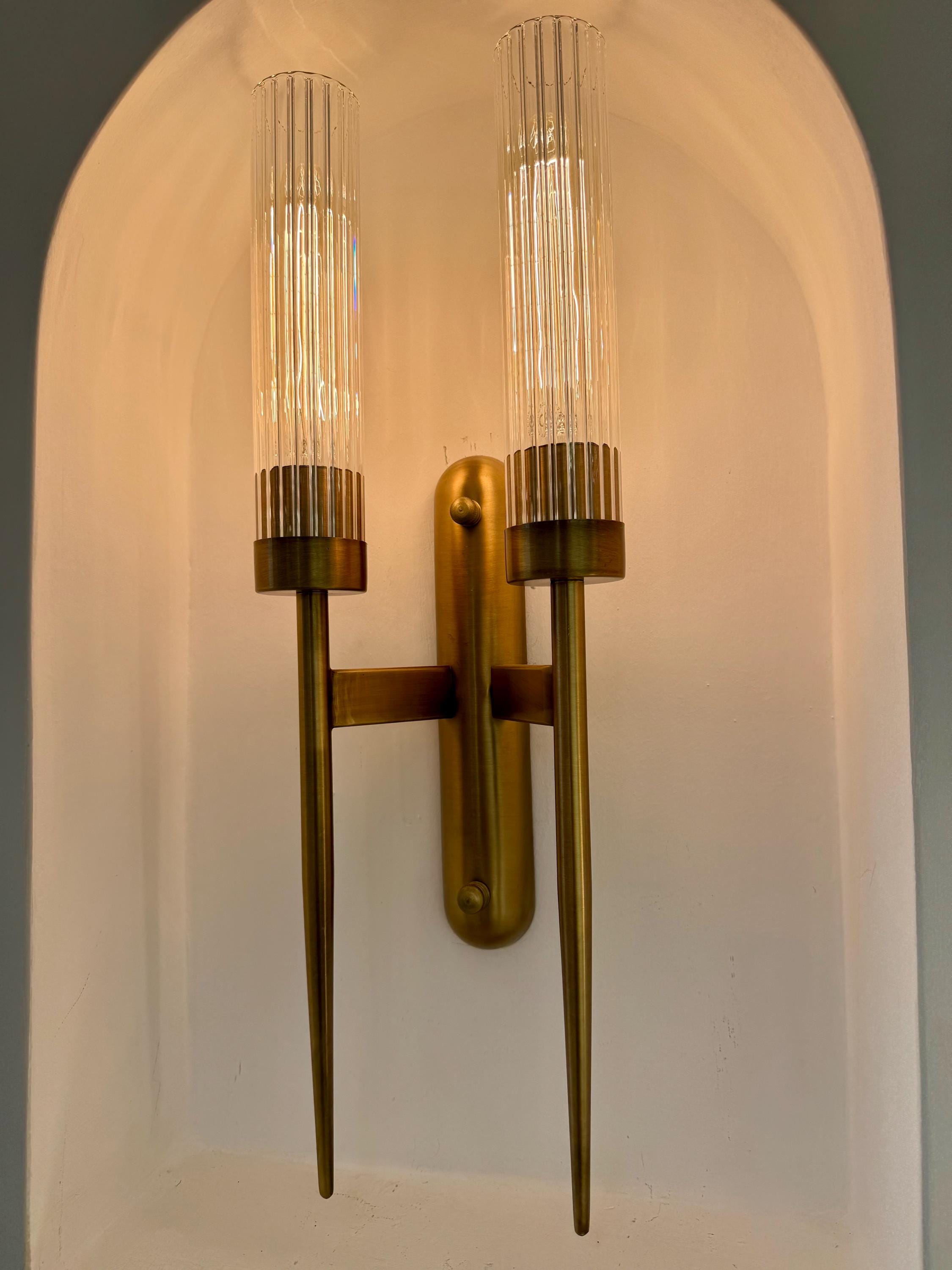 Elegant Fluted Glass Wall Sconce – Solid Brass, Handcrafted Quality ...