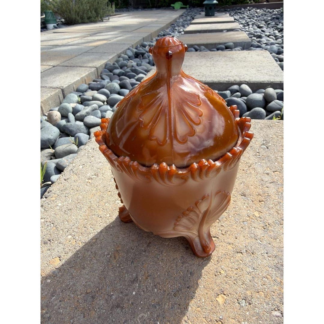 Antique Greentown Chocolate Slag Glass Leaf and Bracket Footed Covered ...