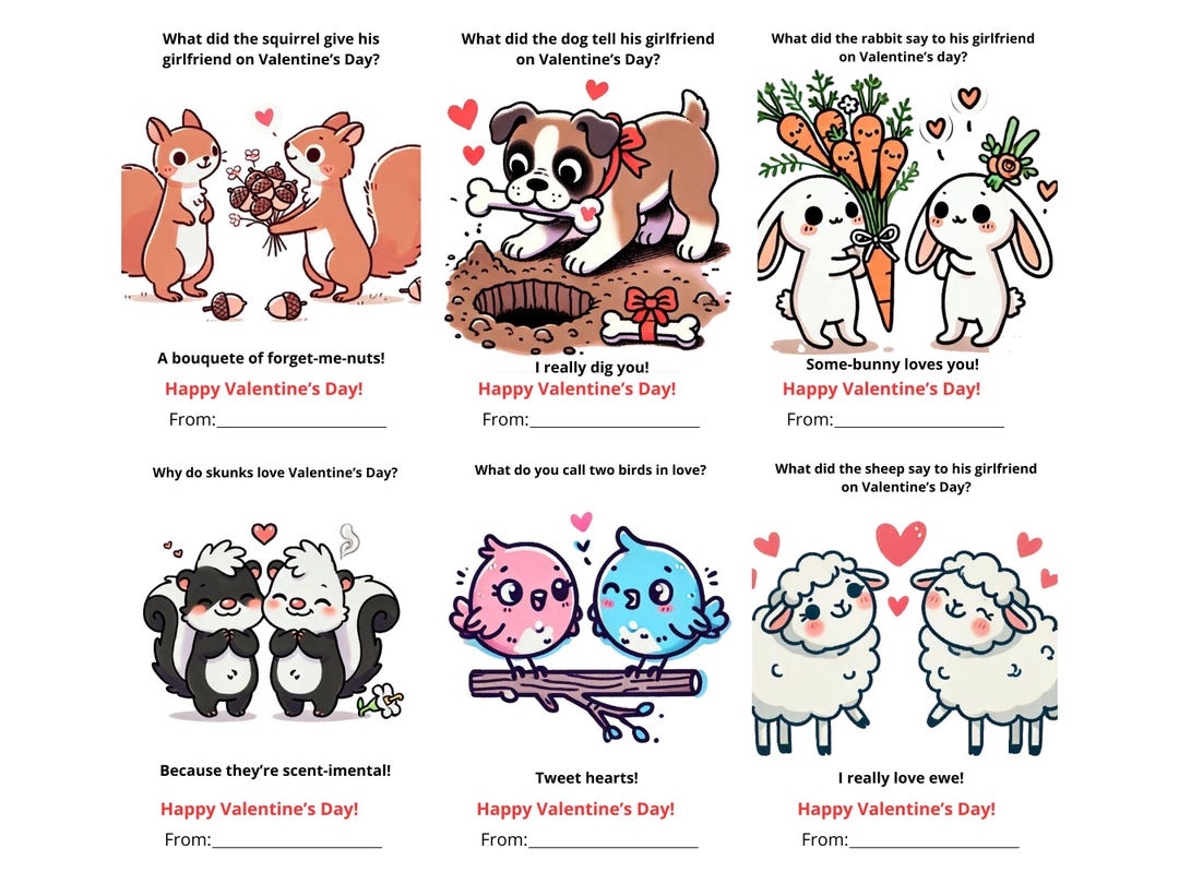 Funny Printable Kids Classroom Valentine's Cards, Fun Animal Valentine ...