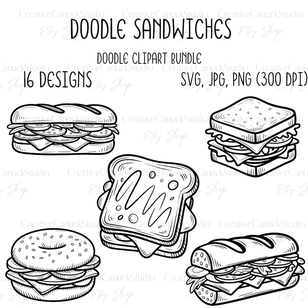 Doodle Sandwich Clipart | Food Clip Art Bundle SVG PNG JPG | Hand Drawn ...