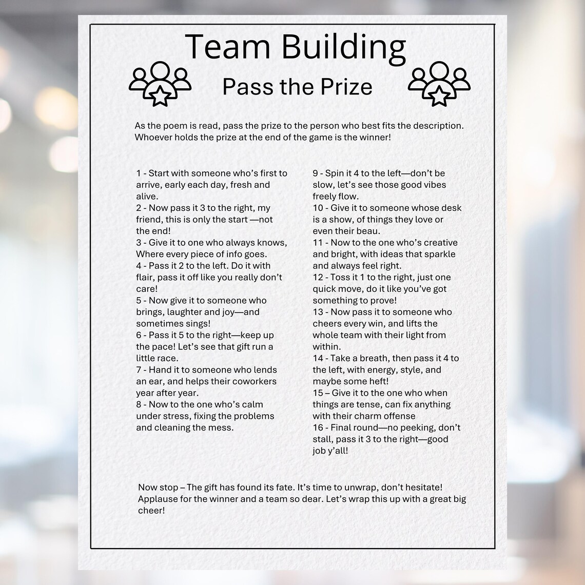 Printable Office Team Building Activity | Pass the Prize Game for Team ...