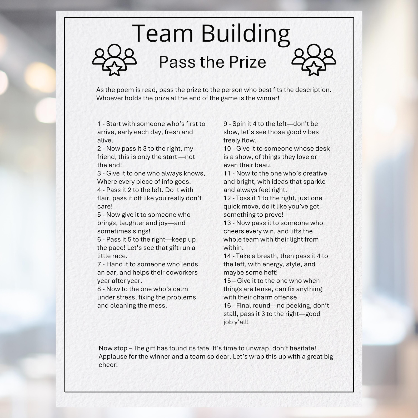 Printable Office Team Building Activity | Pass the Prize Game for Team ...